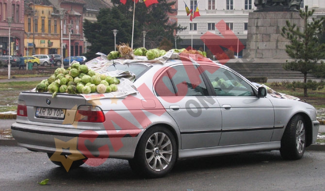 Masina unui aradean, acoperita cu varza si un iepure impaiat
