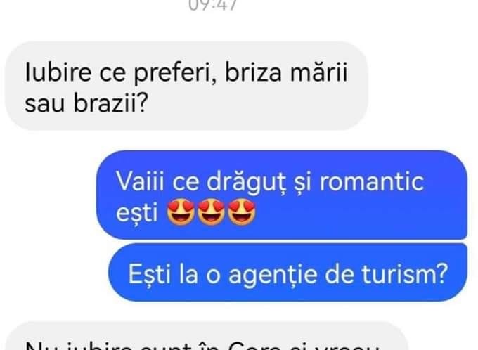 Bancul zilei | „Iubire ce preferi, briza mării sau brazii?”