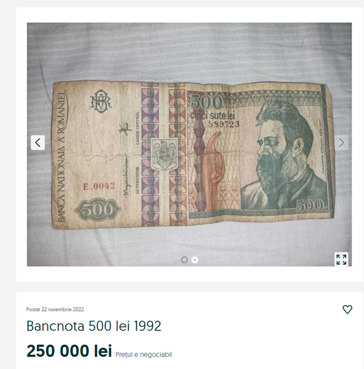 Mai ții minte bancnota de 500 de lei cu chipul lui Brâncuși? Suma uriașă cu care se vinde acum ...
