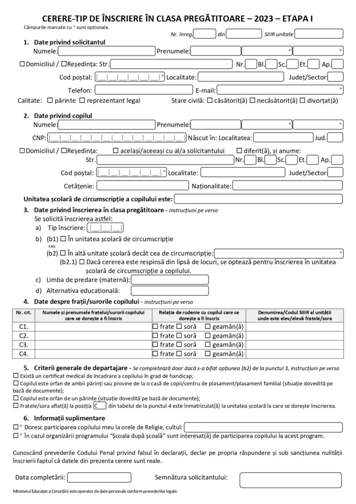 Descarcă cererea pentru înscrierea la clasa pregătitoare. Care este programul și ce trebuie să știi