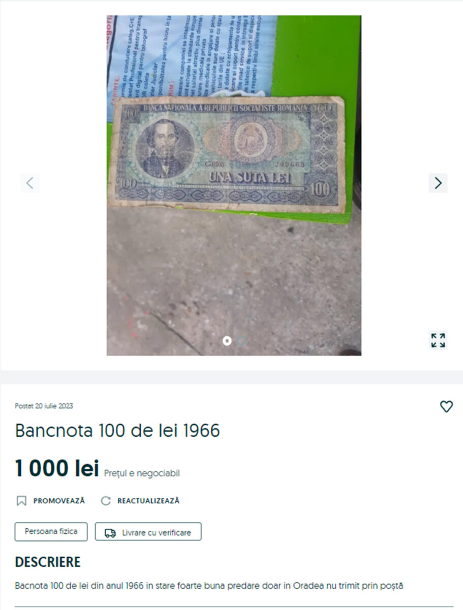 Mai știi celebra bancnotă de 100 de lei cu chipul lui Bălcescu? Cu ce sumă de bani se vinde acum ...