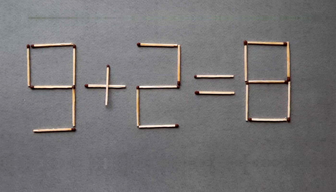 TEST IQ | Mutați un singur chibrit pentru a corecta: 9 + 2 = 8