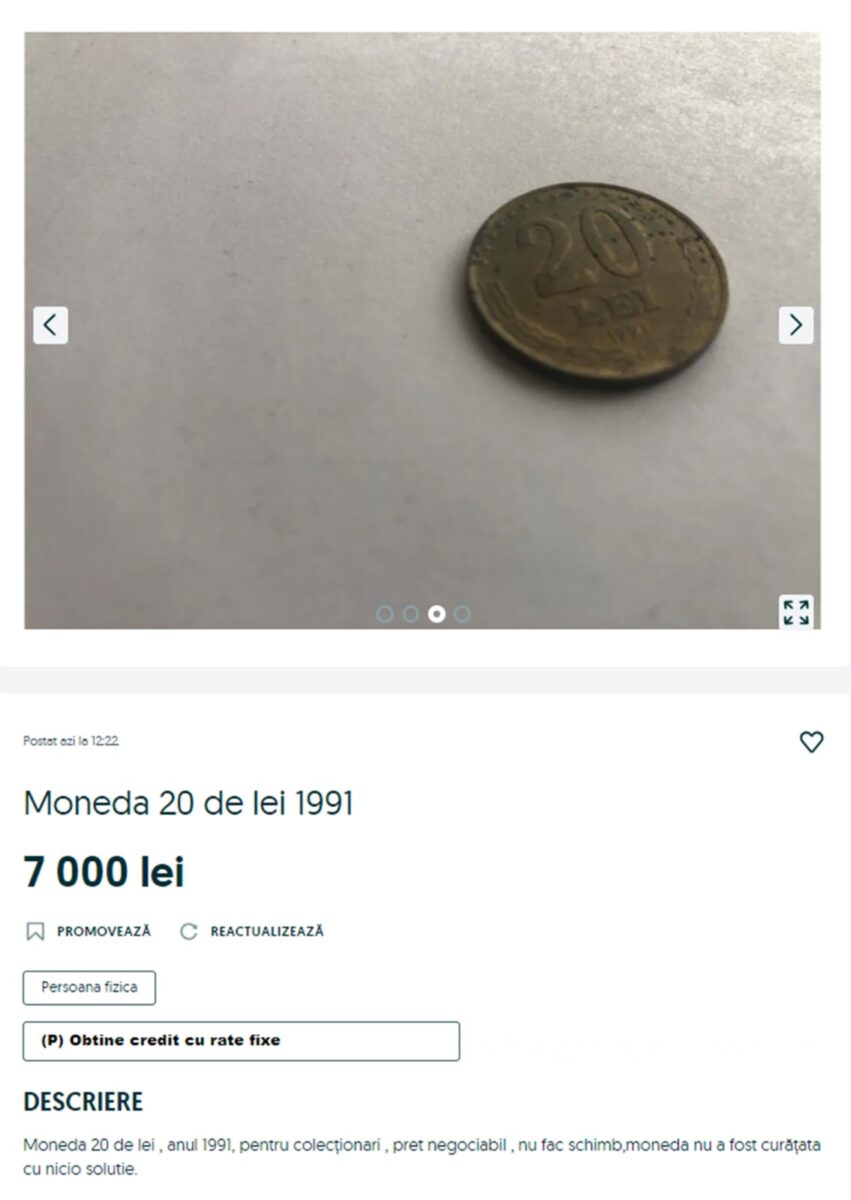 Mai ții minte celebra monedă de 20 de lei, din 1991? Se vinde acum cu 7 ...