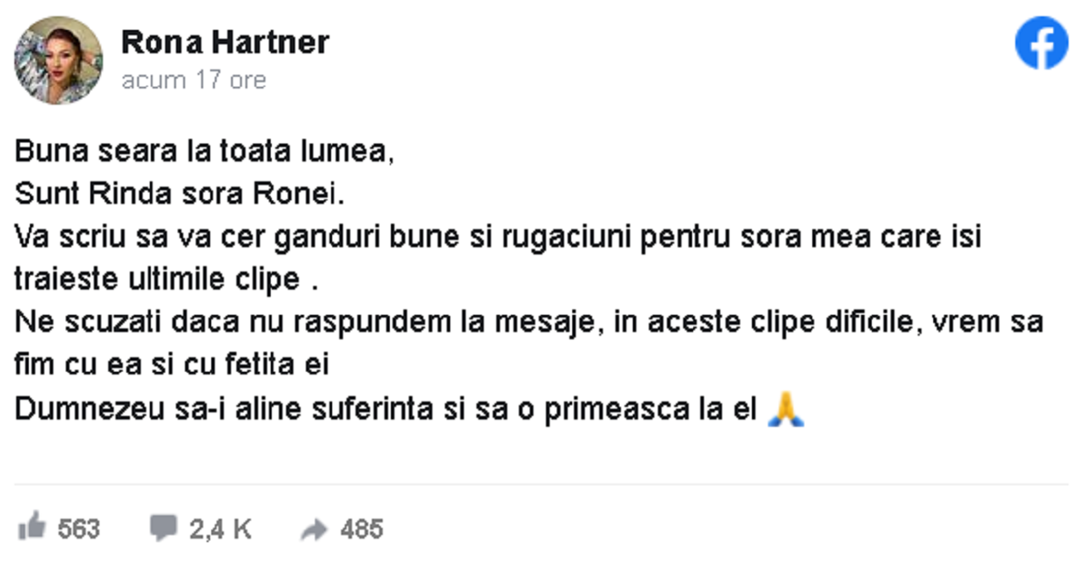 Cine este Rinda, sora Ronei Hartner? A anunţat că artista este pe moarte