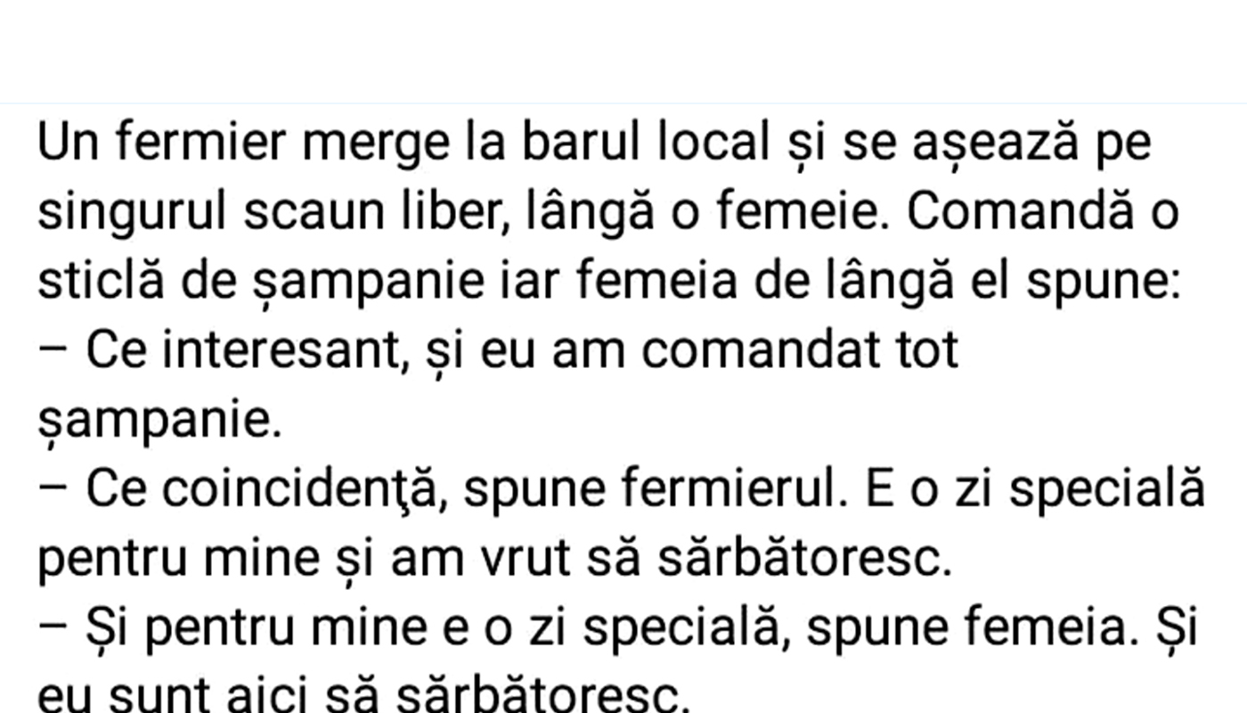 BANCUL ZILEI | Un fermier merge la barul local și se așează lângă o femeie