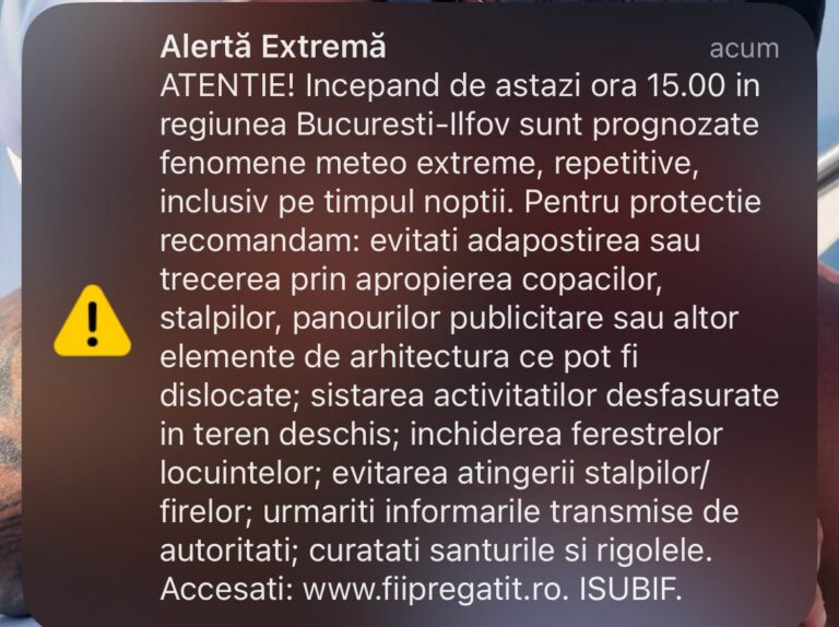 Mesaj RO-Alert pentru locuitorii din București și Ilfov! ANM anunță ...